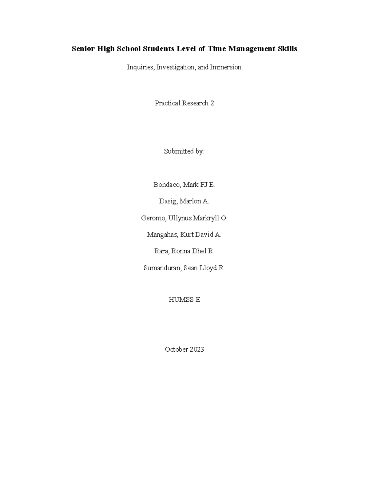 Senior High School Students Level of Time Management Skills 1 1 ...