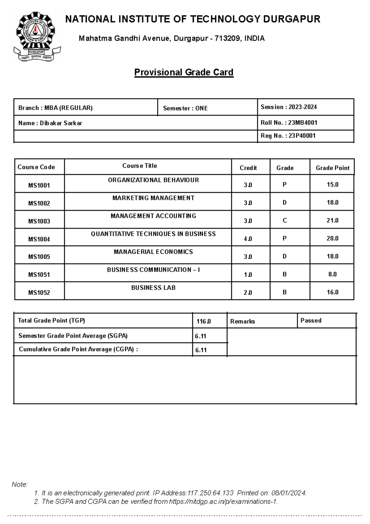 1ST Semester - good - Provisional Grade Card Name : Dibakar Sarkar Reg ...