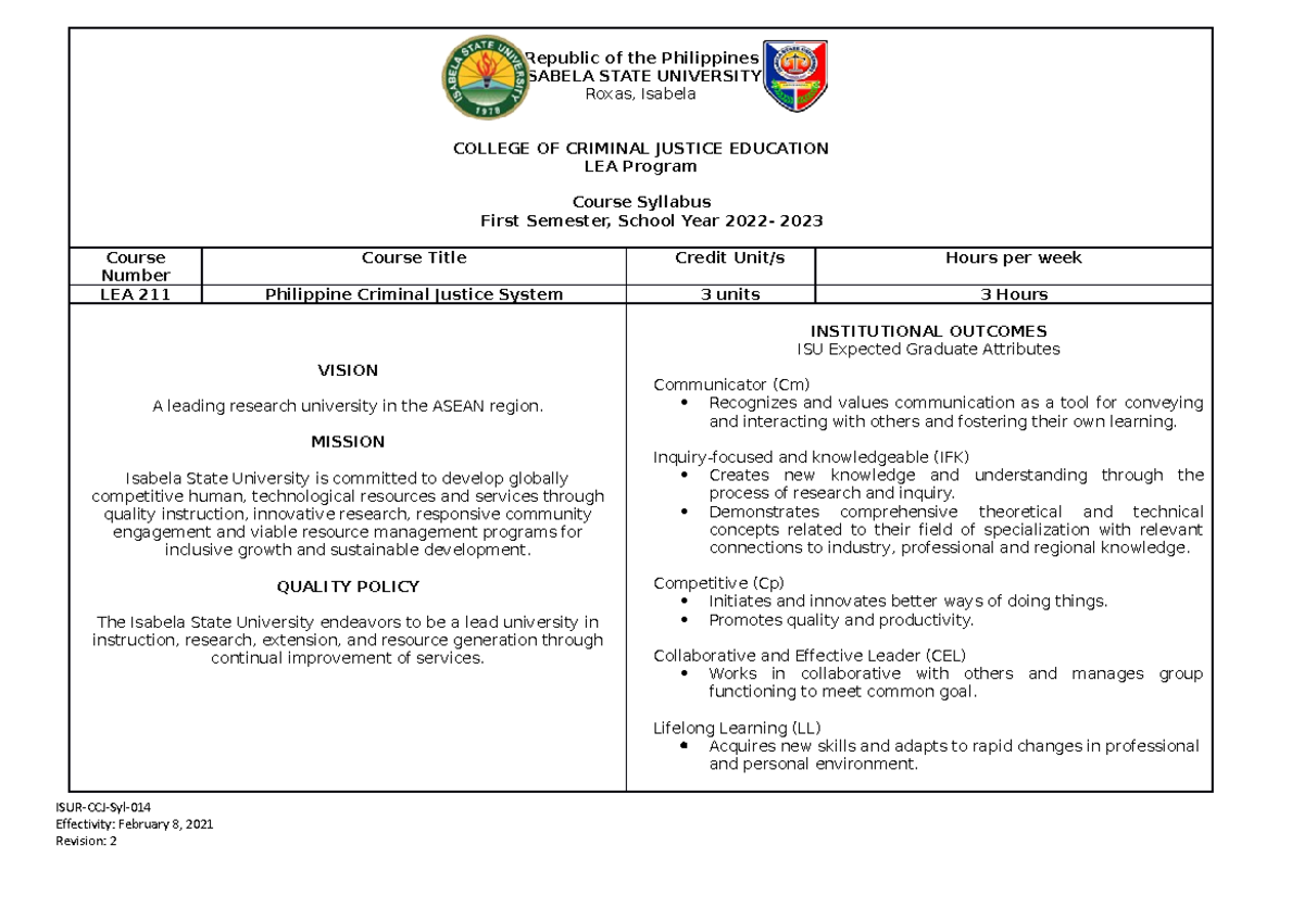 Syllabus-LEA 211 - For educational purposes only - Republic of the Philippines ISABELA STATE ...