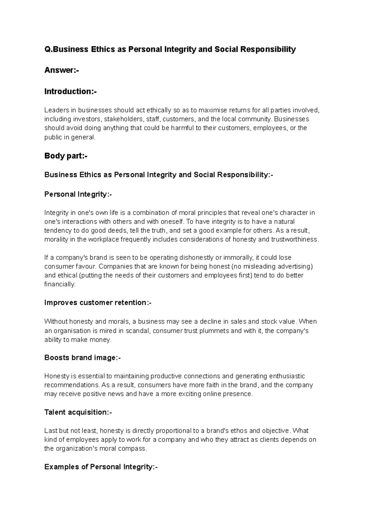 Business ethics as personal integrity and social responsibility - Q ...