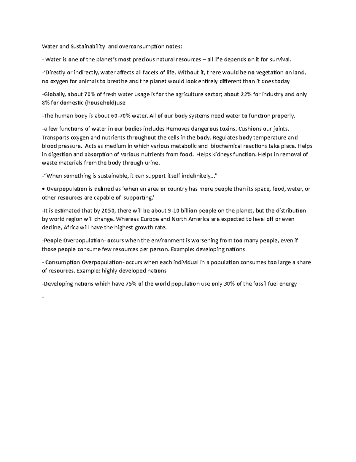 Water and Sustainability and overconsumption notes -‘Directly or ...
