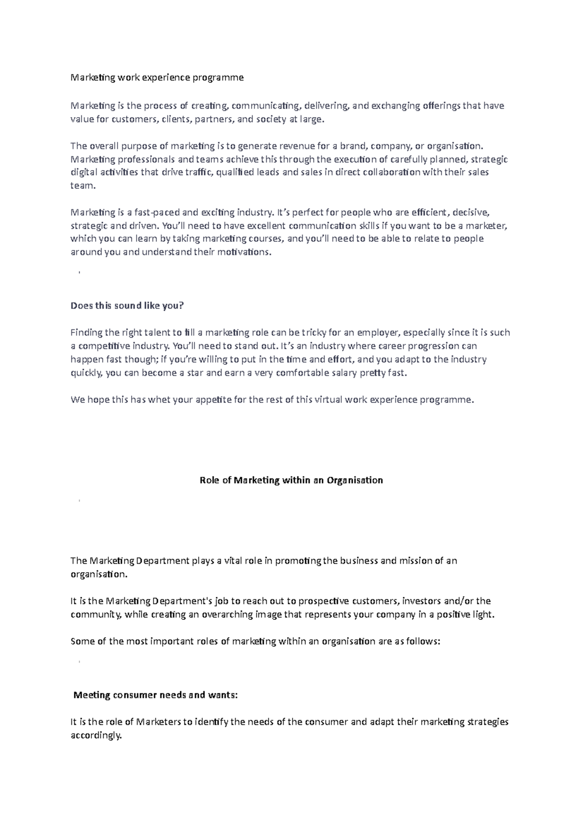 Marketing work experience programme - Marketing work experience ...