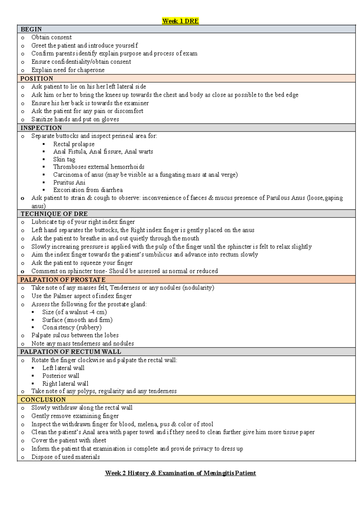 Clinical skills rubrics - Week 1 DRE BEGIN o Obtain consent o Greet the ...