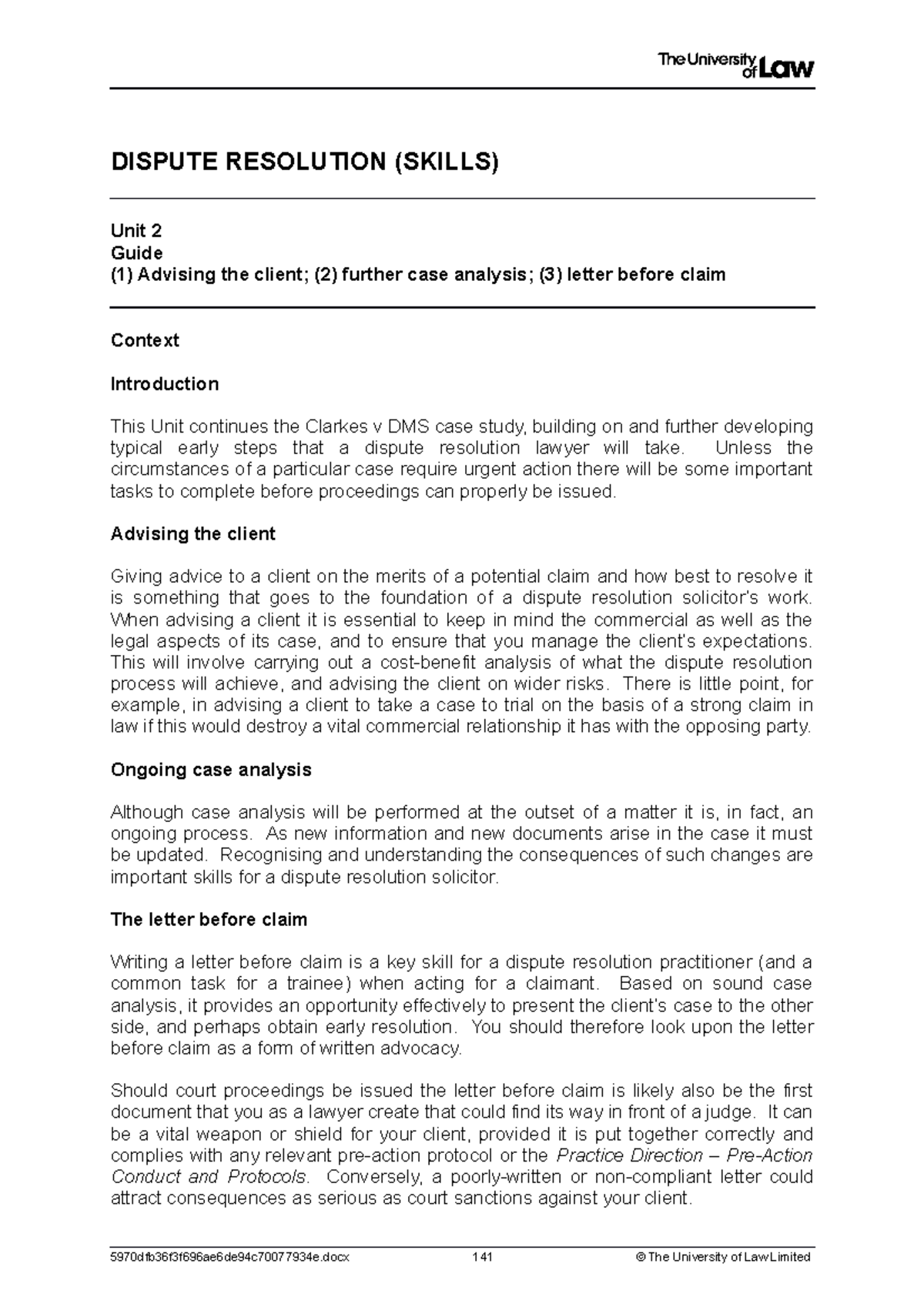 WK 2 Letter Before Claim, Advising Client - DISPUTE RESOLUTION (SKILLS ...