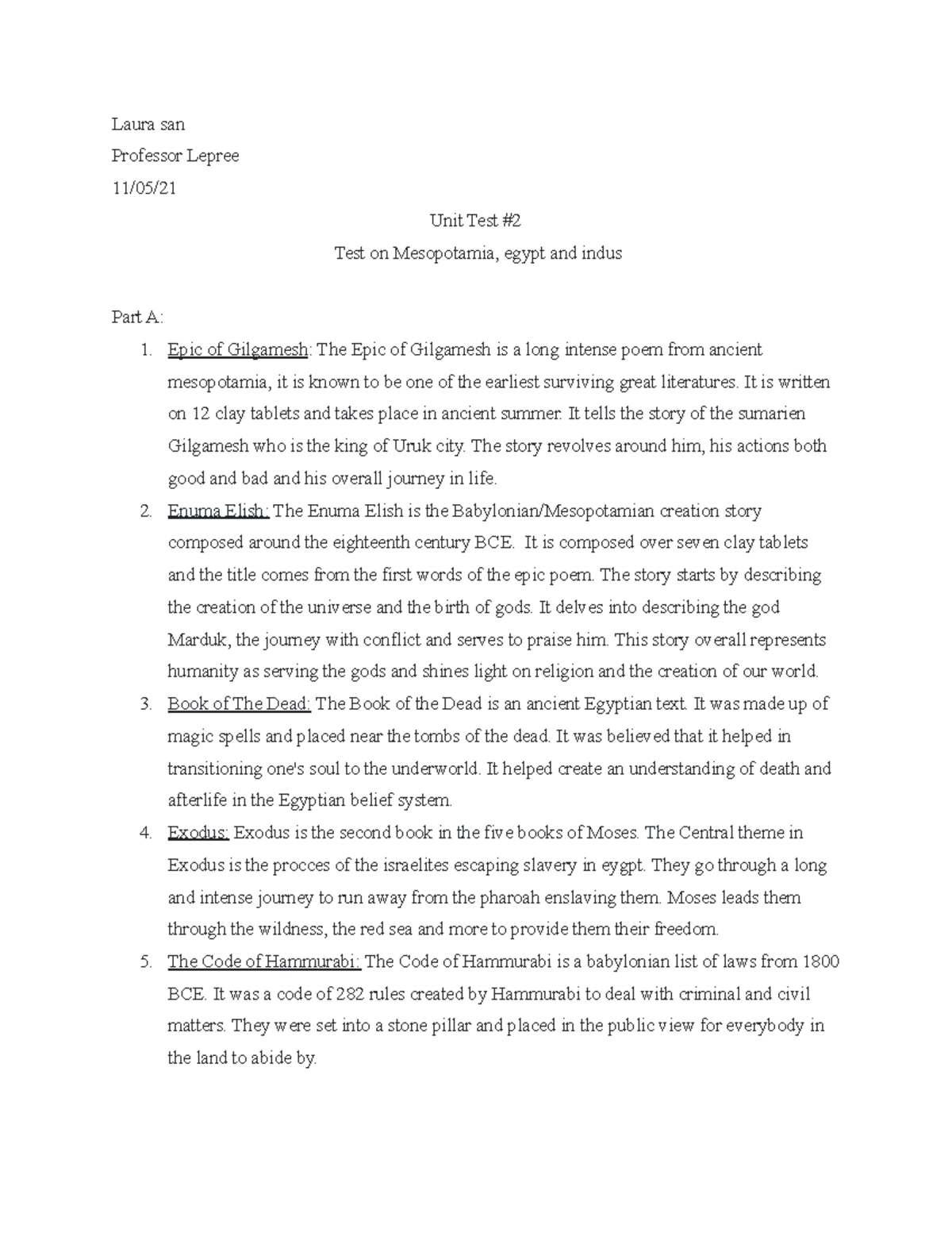 World civilization unit test #2, Test on Mesopotamia, Egypt and Indus ...