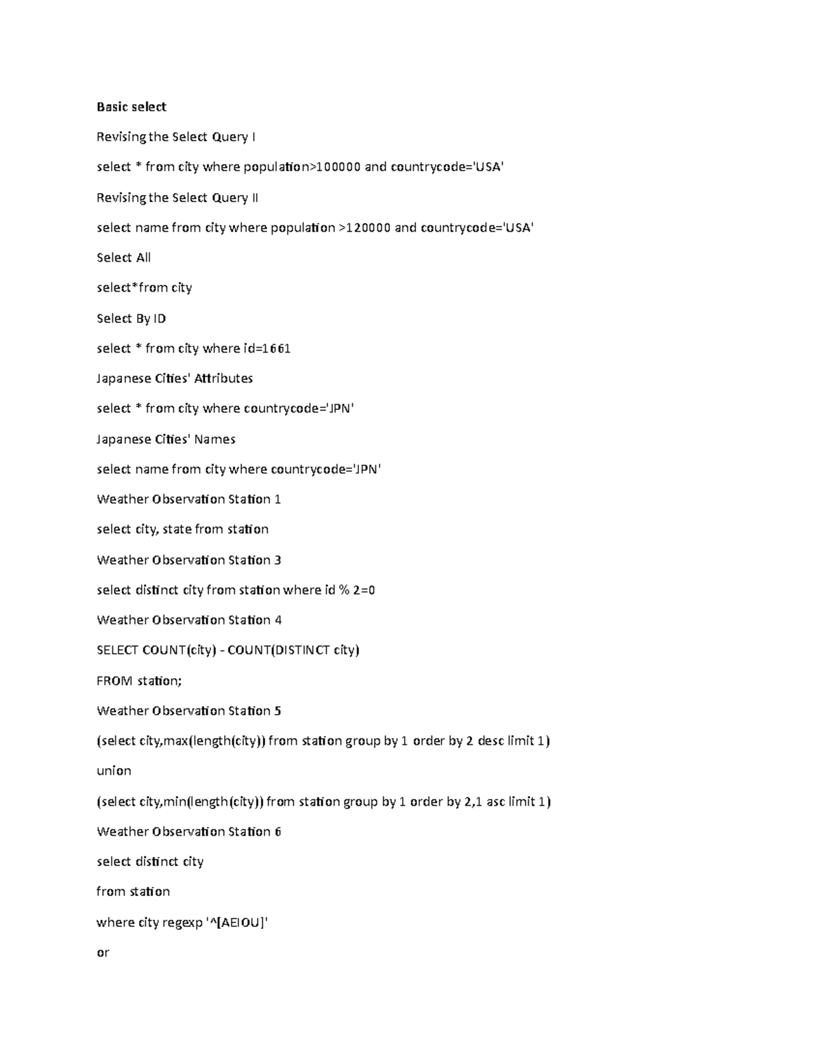 Sql Hacker Rank Questions Basic Select Revising The Select Query I Select From City Where 
