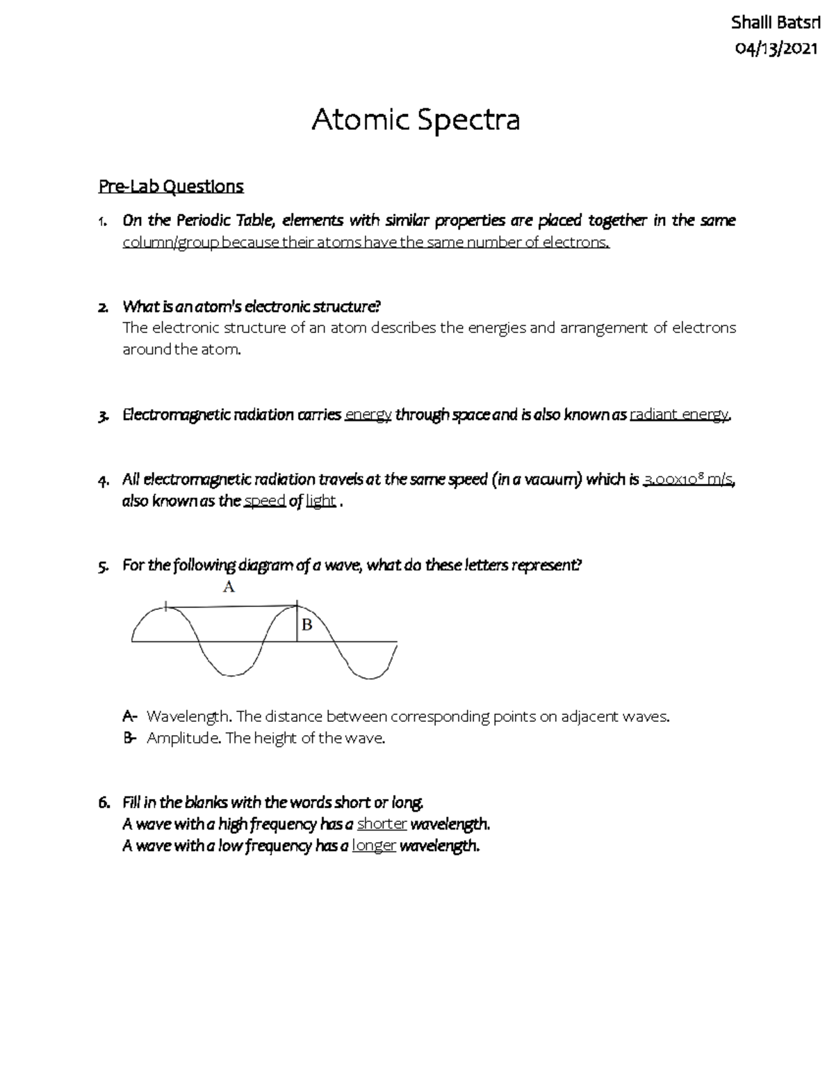 Atomic Spectra Lab Report Atomic Spectra Pre Lab Questions 1 On