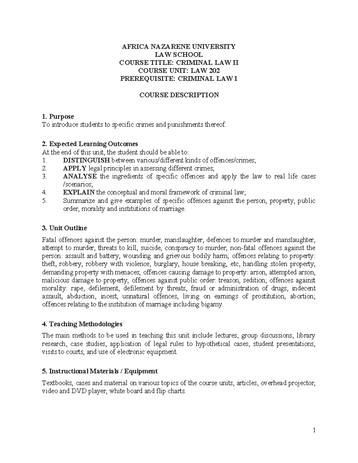Criminal LAW II Course Description - AFRICA NAZARENE UNIVERSITY LAW ...