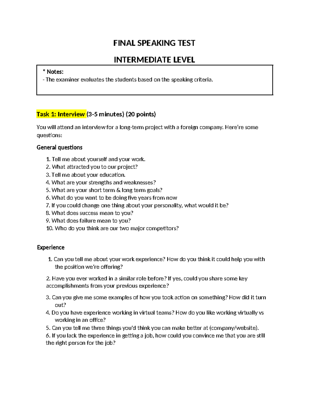 Inter-Speaking final Topics & Guide - FINAL SPEAKING TEST INTERMEDIATE ...