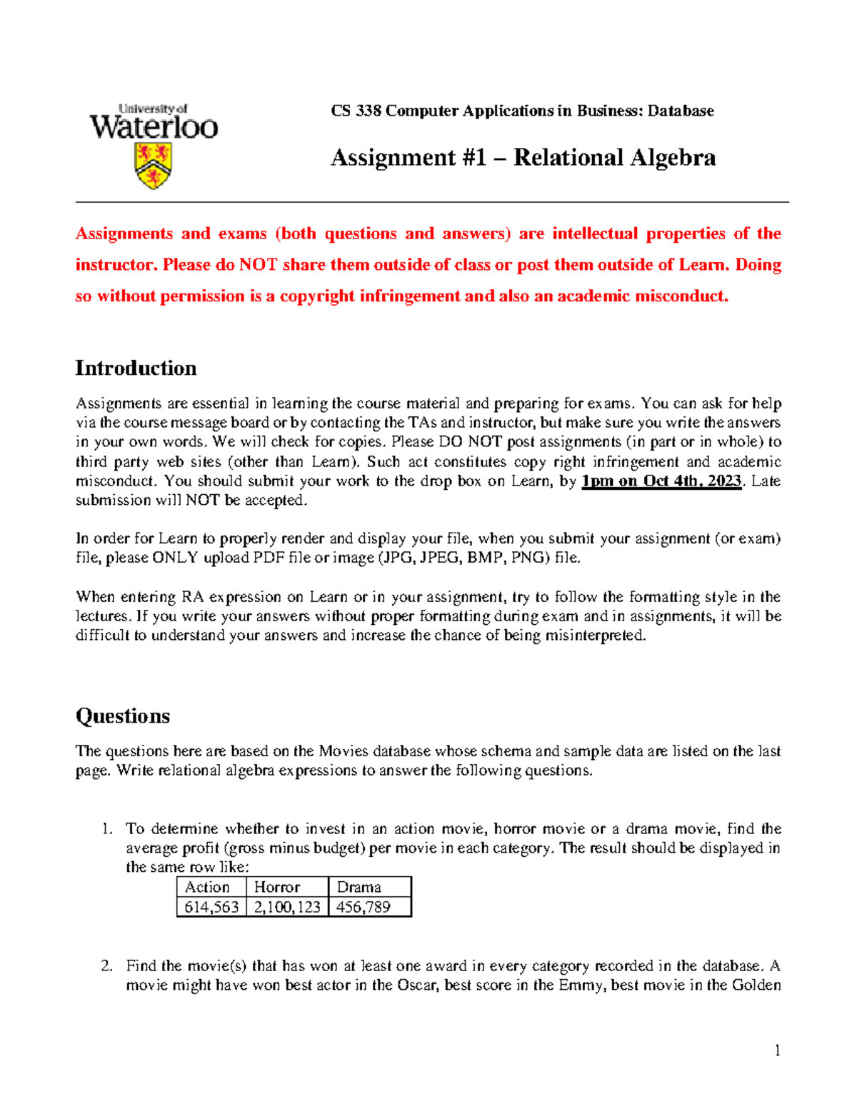 CS338-Assignment 1 - CS 338 Computer Applications in Business: Database Assignment #1 ...