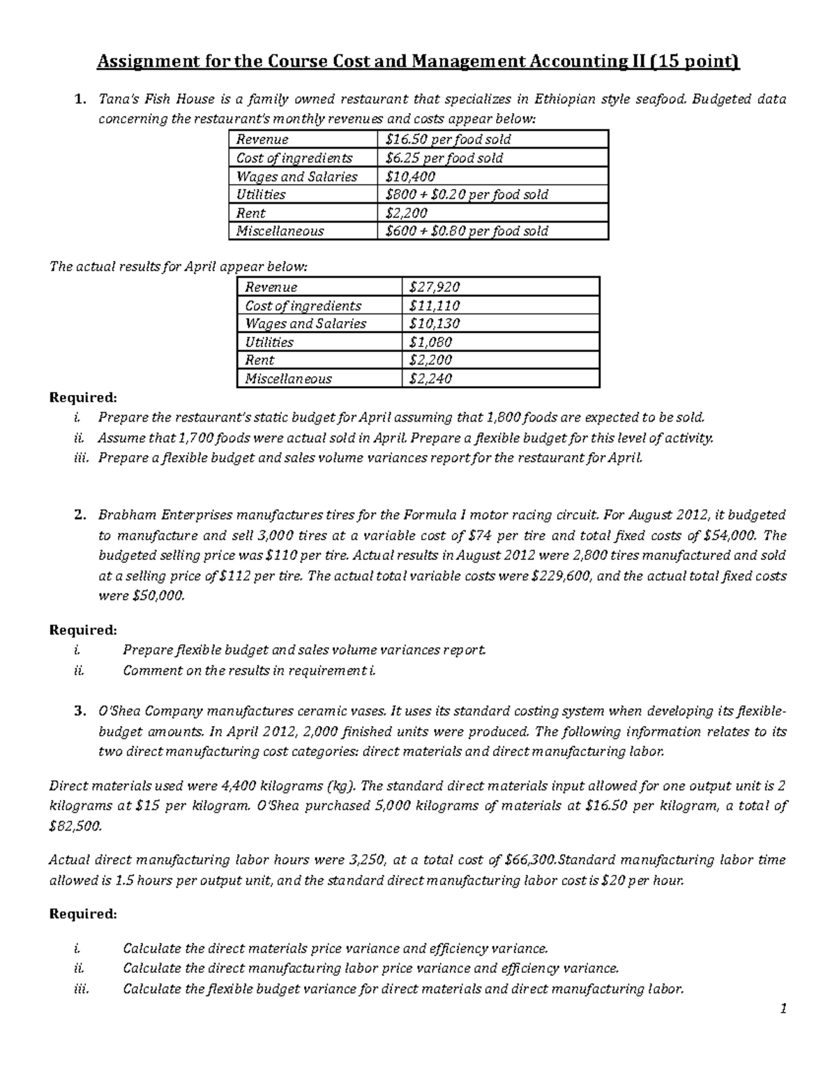 Exercises for the Course Cost and Management Accounting II - Assignment ...