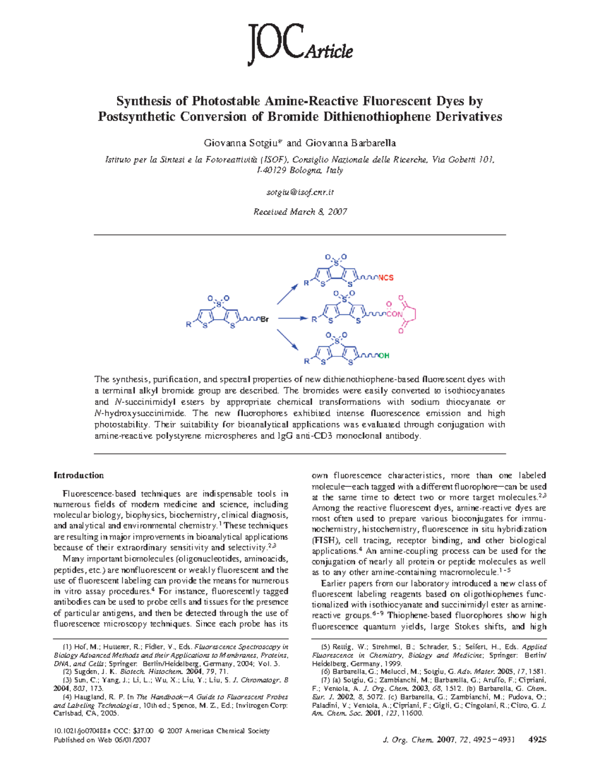 J Org Chem 2007 72 4925-4931 - Synthesis of Photostable Amine-Reactive ...