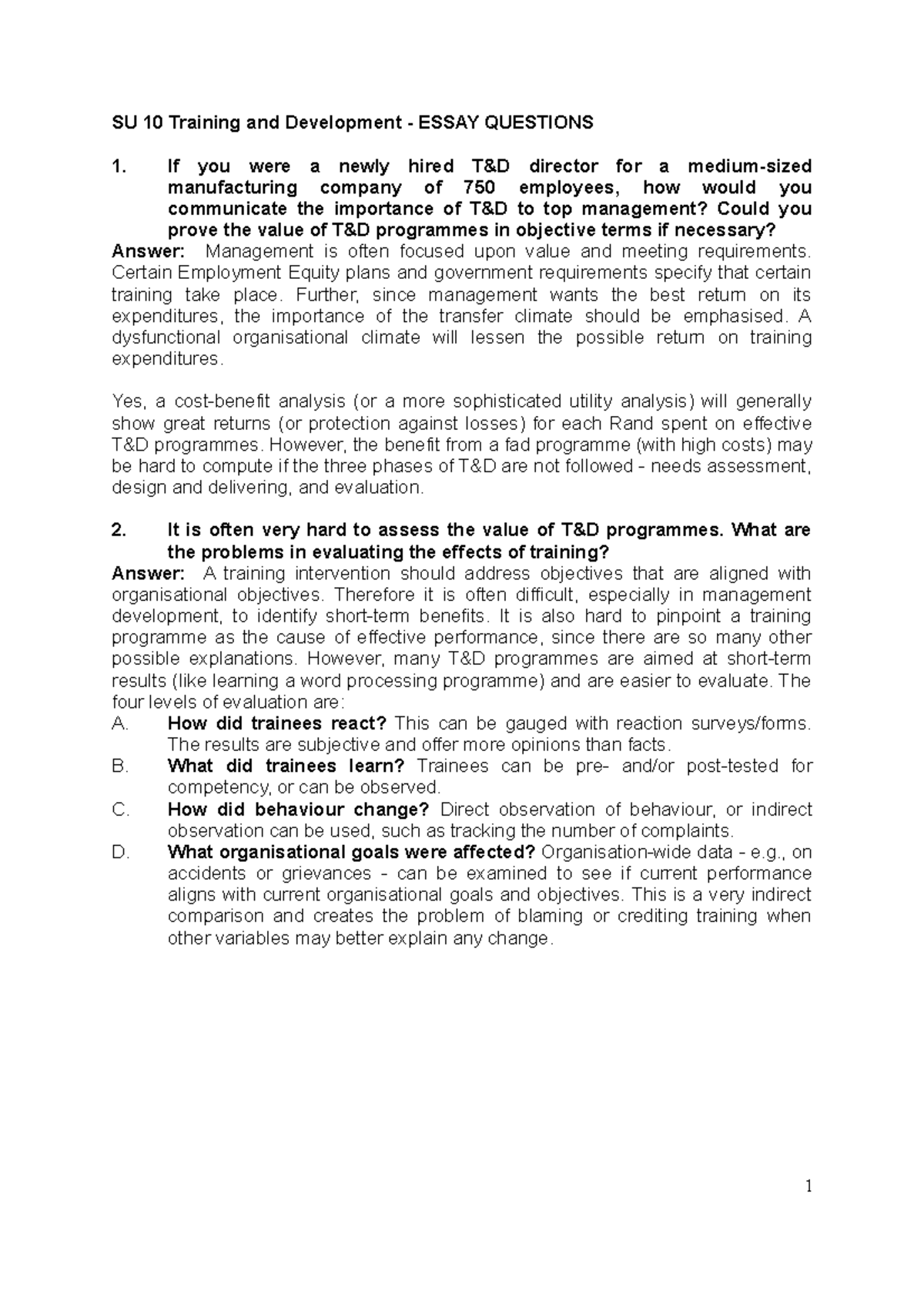 Su 10 review questions - exercises - SU 10 Training and Development ...