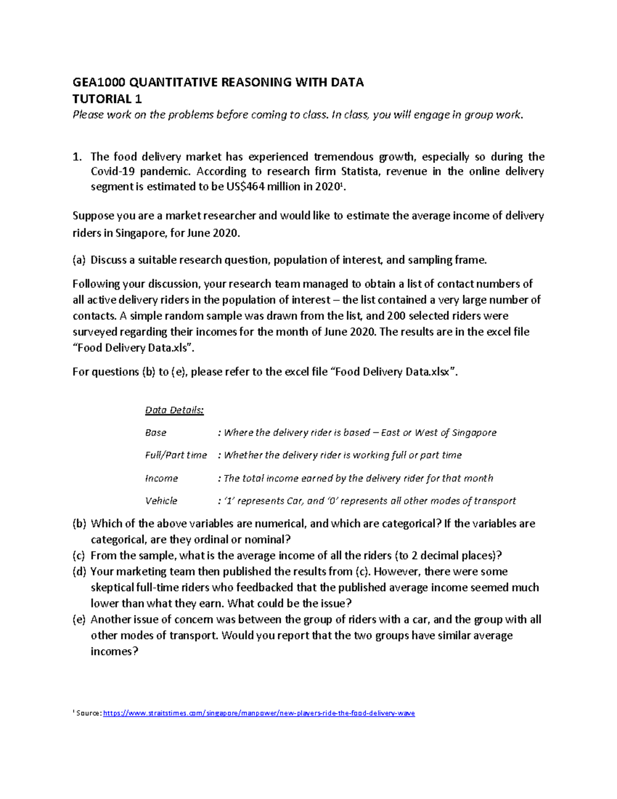 Gea1000 Tutorial 1 Solution Gea1000 Quantitative Reasoning With Data Tutorial 1 Please Work On