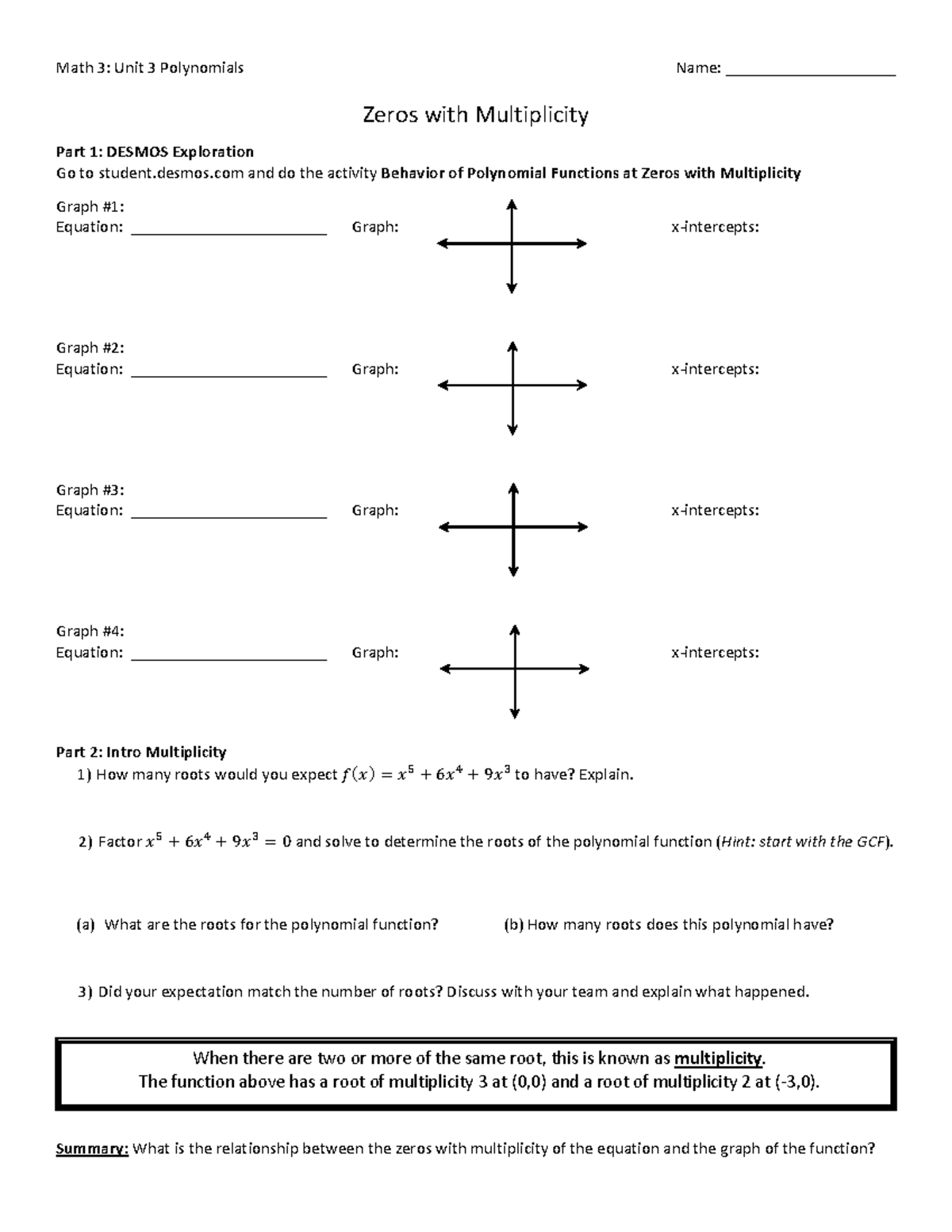 4 Zeros with Multiplicity Notes - Math 3: Unit 3 Polynomials Name ...
