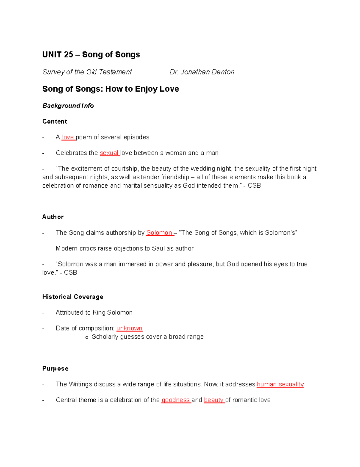 UNIT 25 – Song of Songs - Filled in lecture notes - UNIT 25 – Song of ...