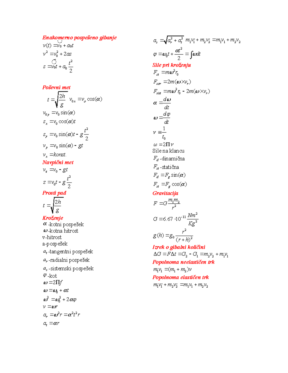 Ulj fel el1 fi1 sno formule 01 - Enakomerno pospešeno gibanje v t( ) v ...
