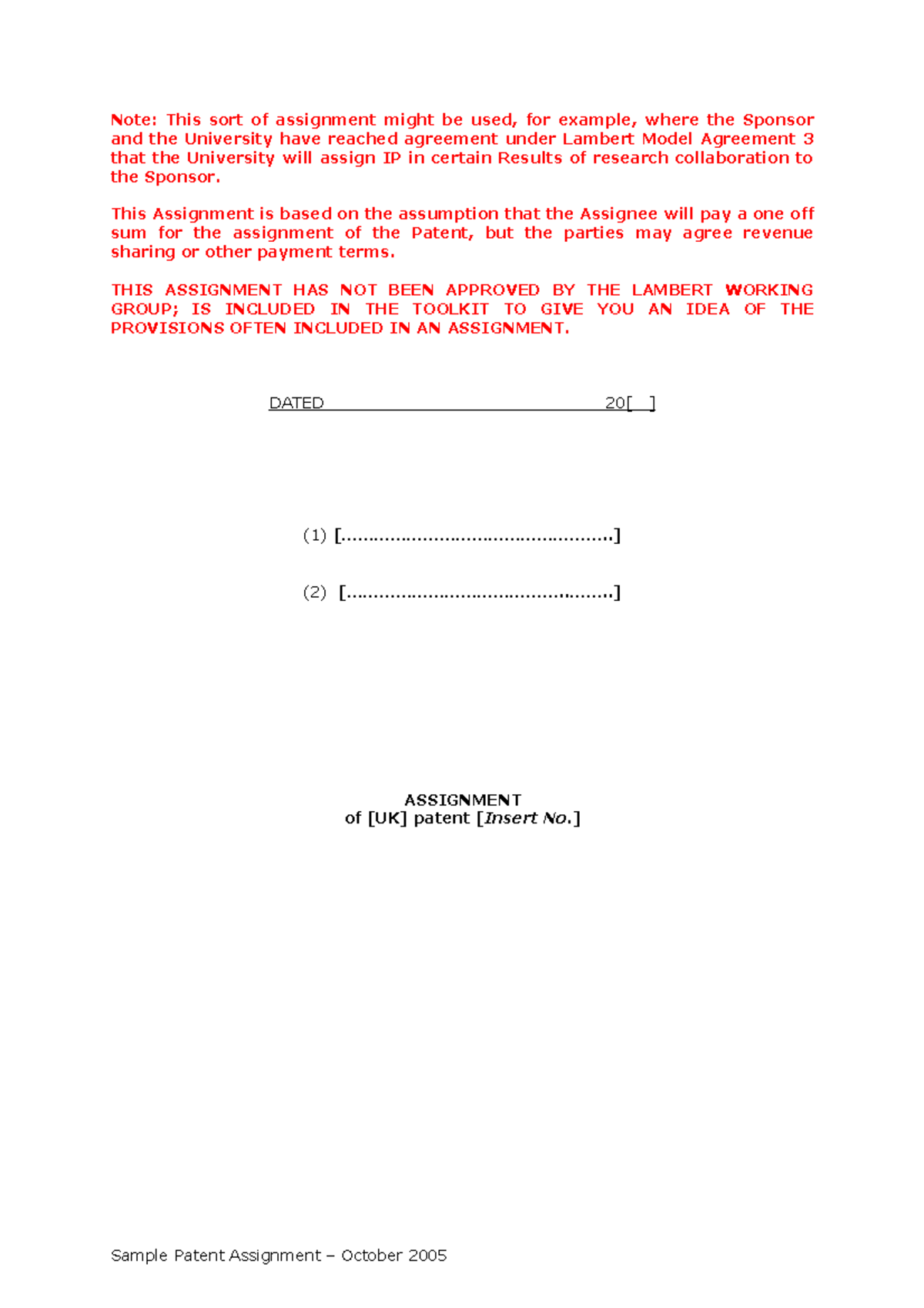 Lambert sample patent assignment - Note: This sort of assignment might be used, for example ...