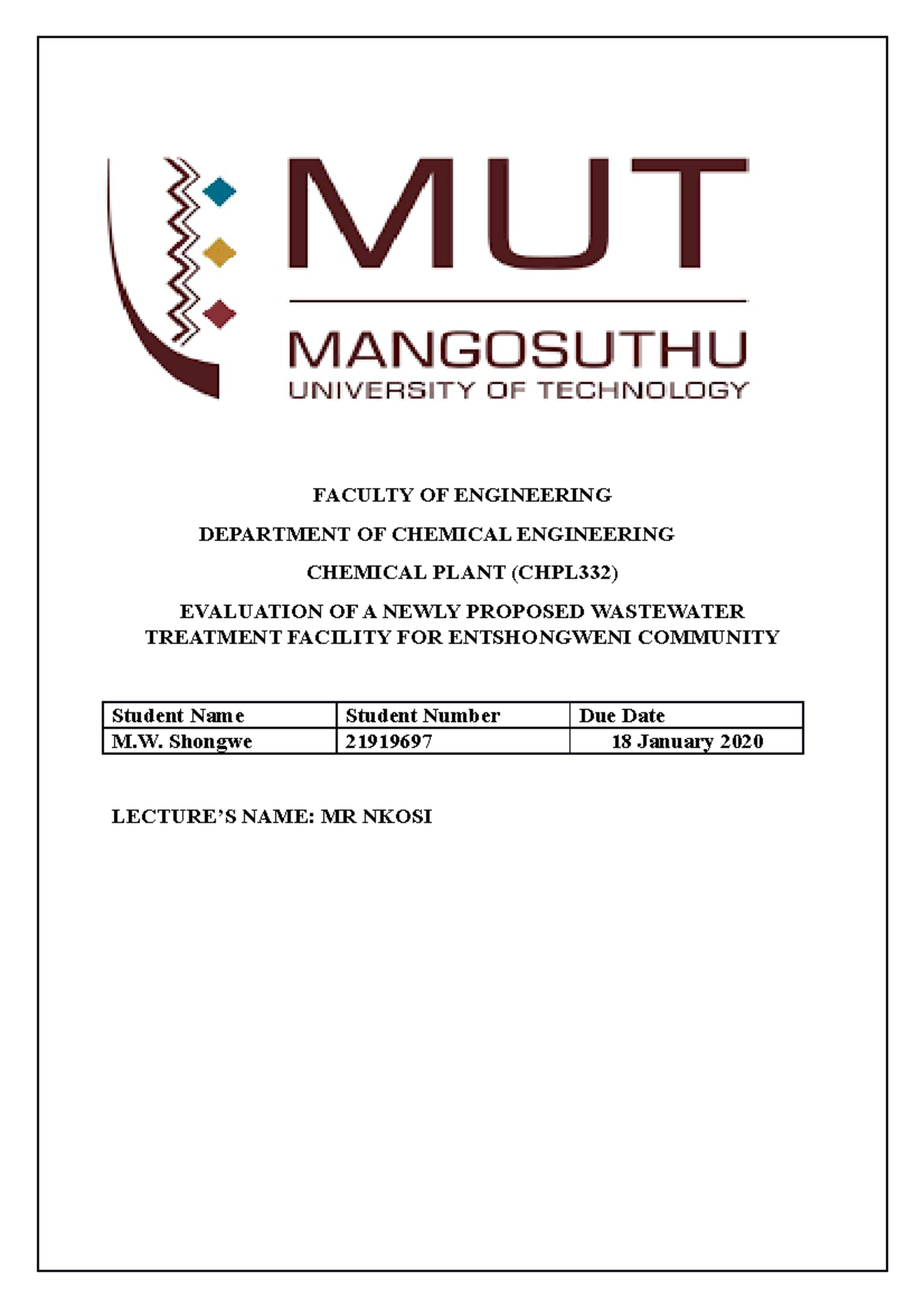 Faculty OF Engineering - FACULTY OF ENGINEERING DEPARTMENT OF CHEMICAL ...