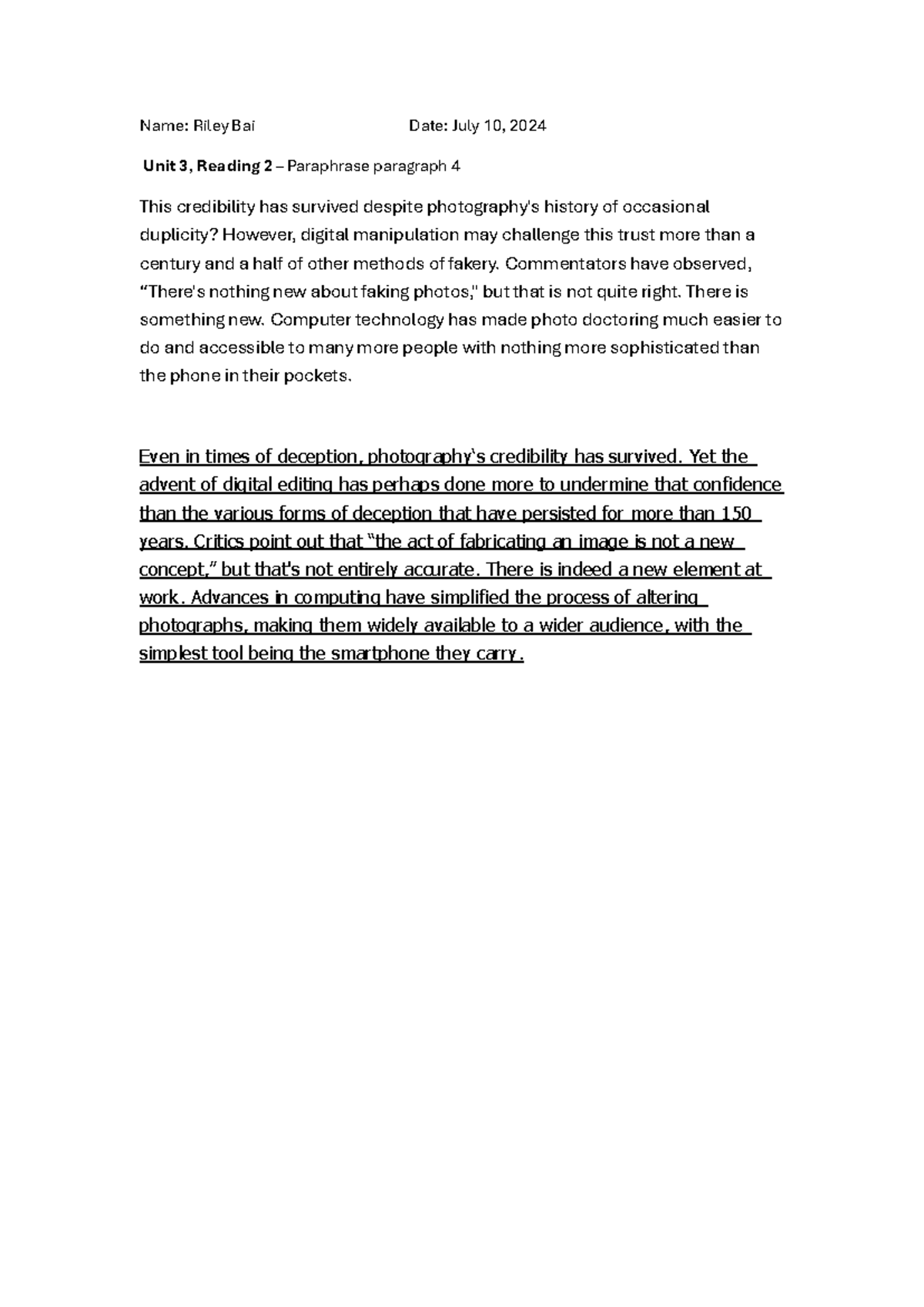 Unit 3, Reading 2 – Paraphrase paragraph 4 - Name: Riley Bai Date: July ...