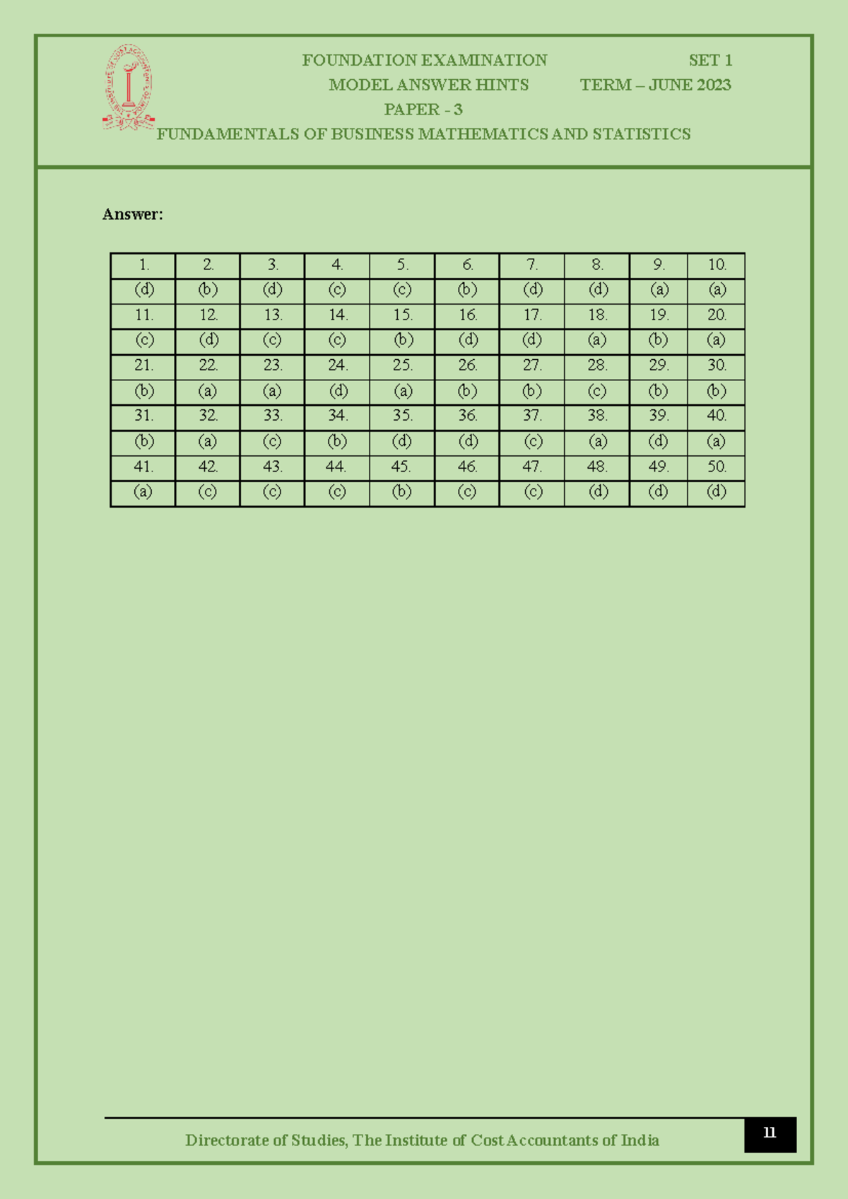 MATH CMA AP - CMA - FOUNDATION EXAMINATION SET 1 MODEL ANSWER HINTS ...