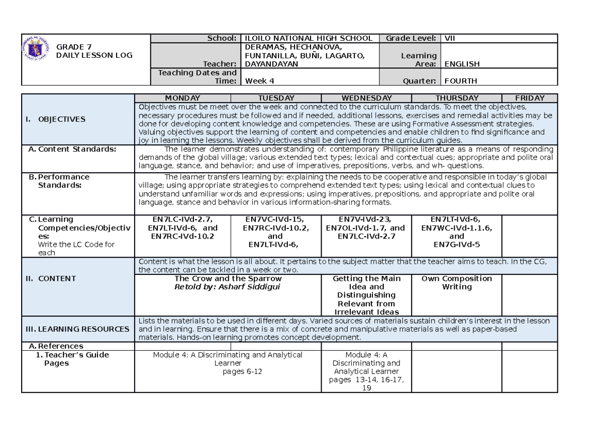 DLL 4th Qrtr Week 4 - DLL - GRADE 7 DAILY LESSON LOG School: ILOILO ...