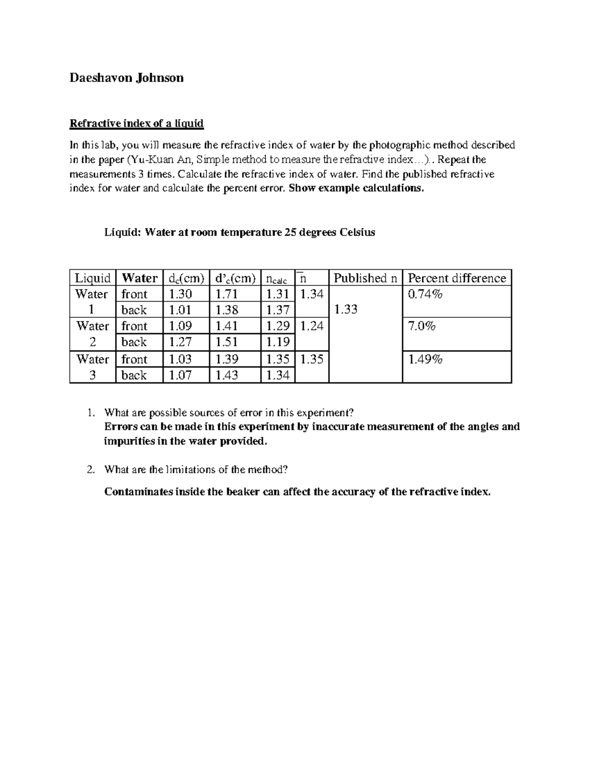 IA Lab 1 - Instrumental analysis - Daeshavon Johnson Refractive index of a liquid In this lab ...