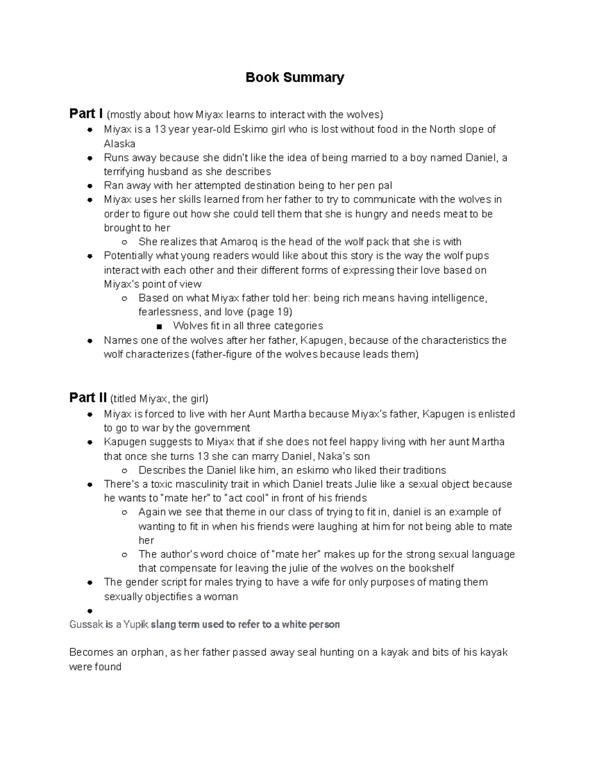 Julie of the Wolves notes on plot - Book Summary Part I (mostly about ...