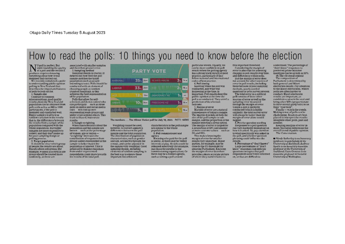 Otago Daily Times Tuesday 8 August 2023 How to read the polls - Marine ...