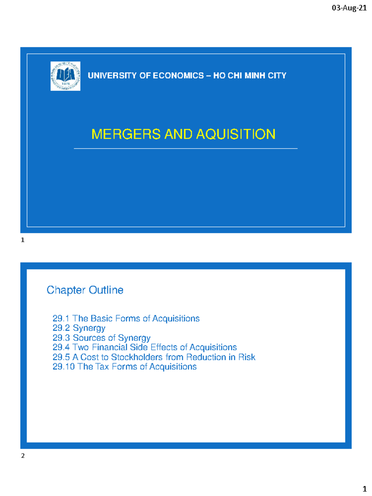 Lecture 29 Merger and Aquisition - Chapter Outline UNIVERSITY OF ...