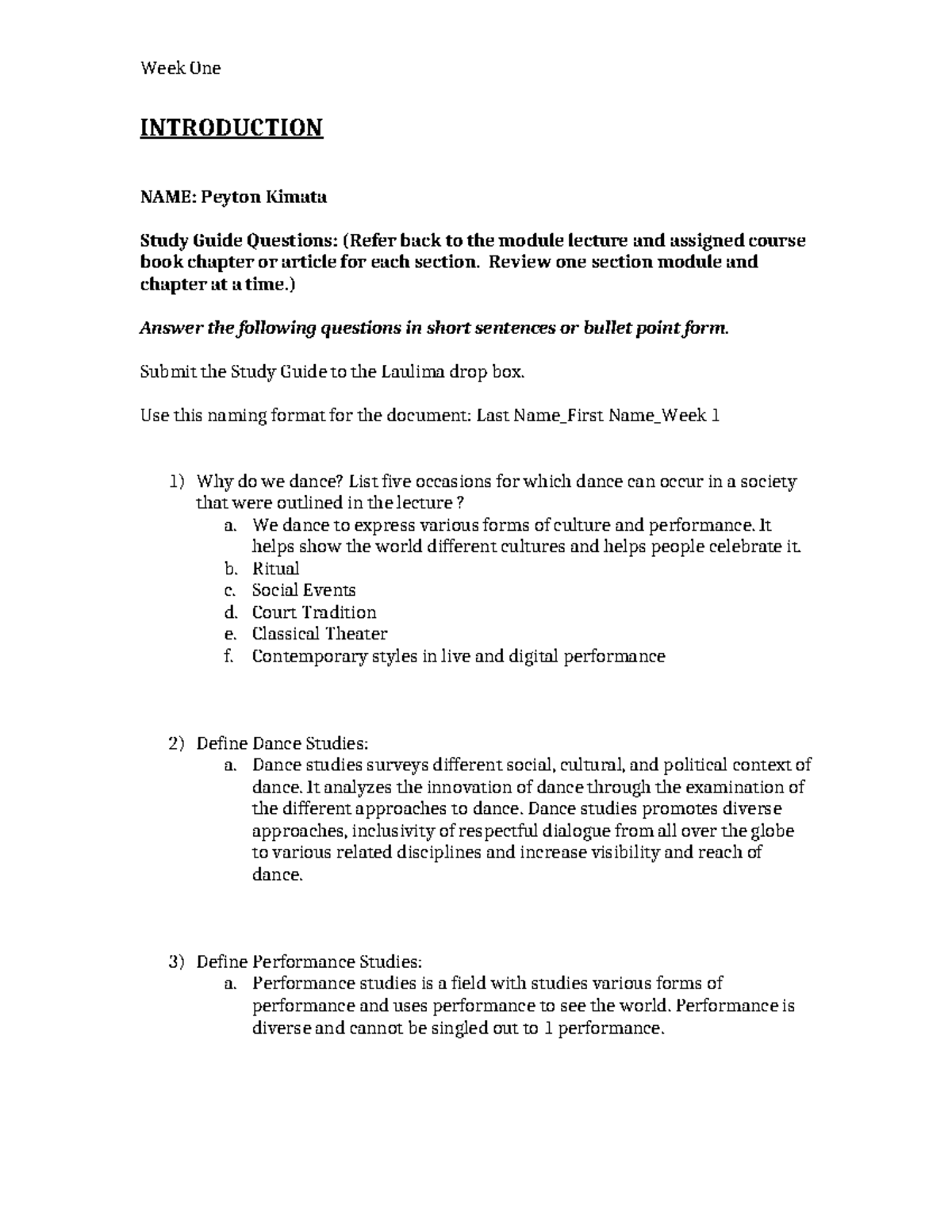 Study Guide Week One - Week One INTRODUCTION NAME: Peyton Kimata Study ...