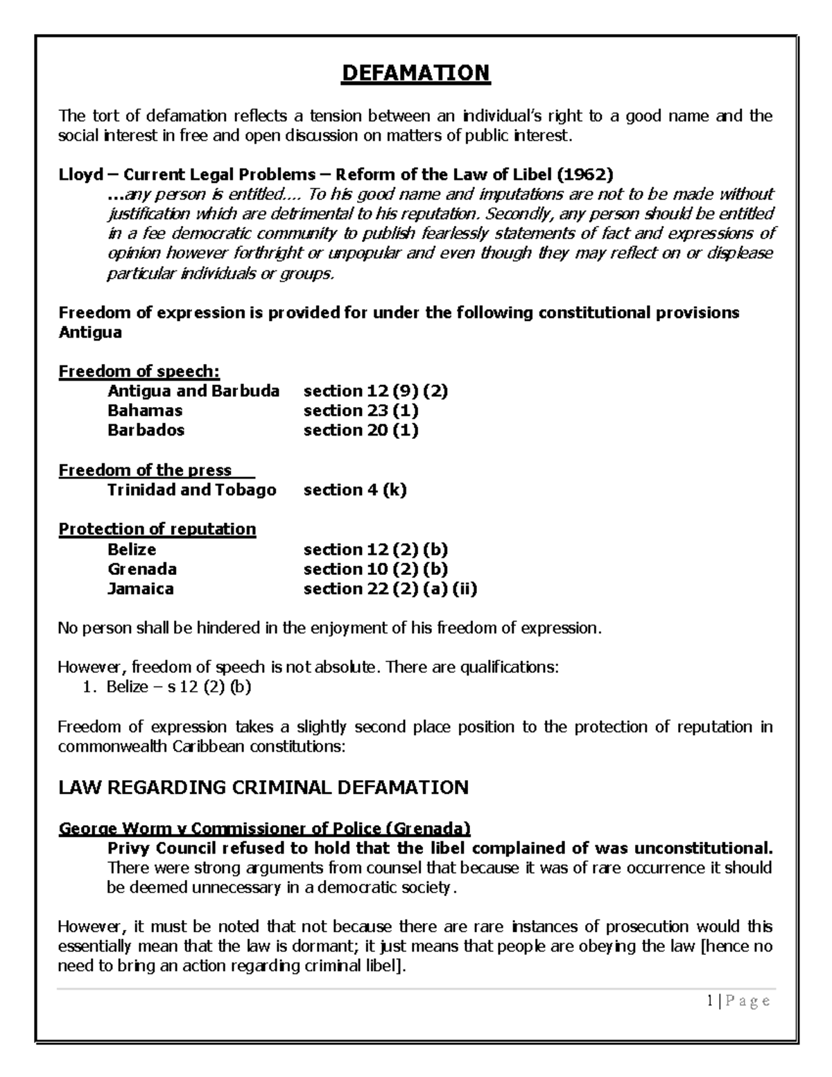 LAW Regarding Defamation - DEFAMATION The tort of defamation reflects a ...