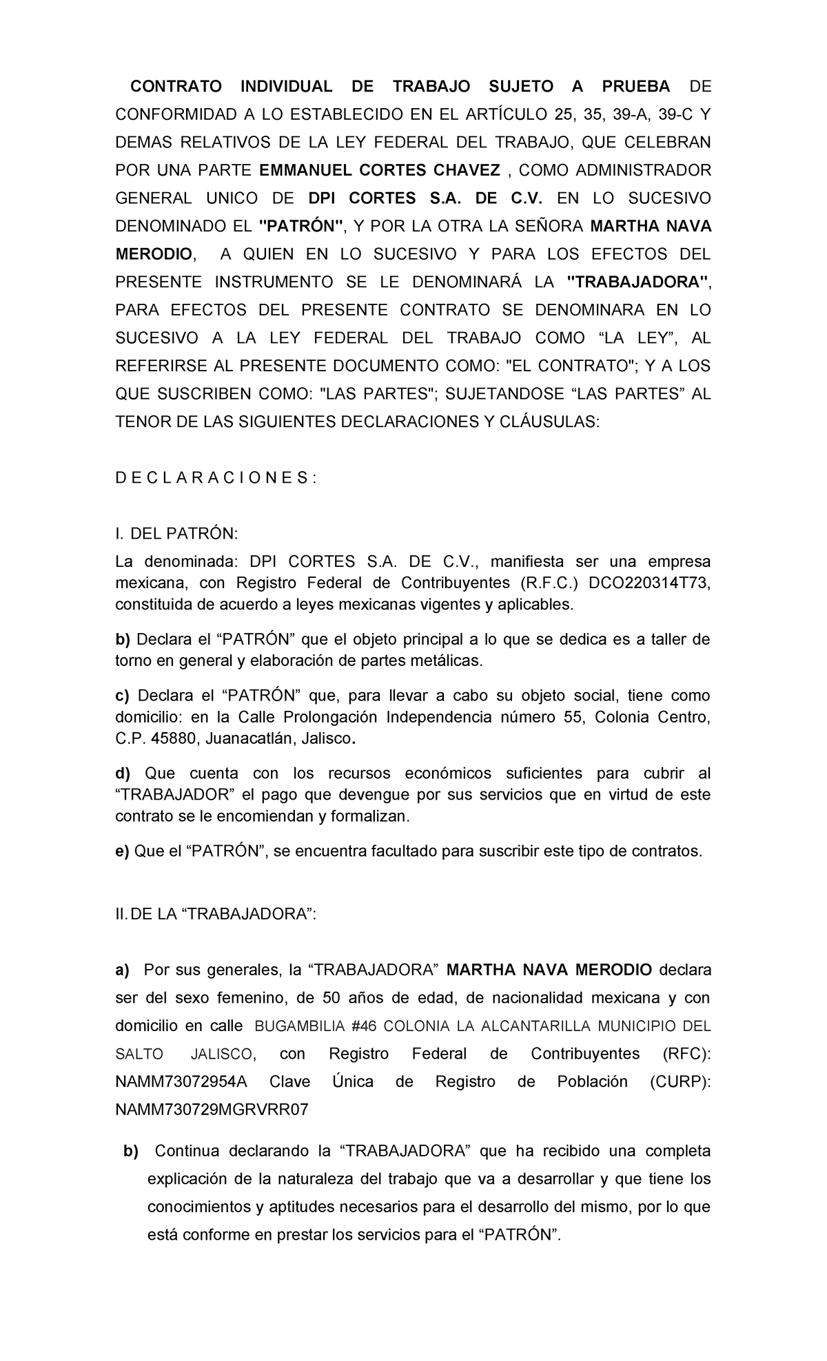 Contrato a prueba Martha NAVA - CONTRATO INDIVIDUAL DE TRABAJO SUJETO A ...