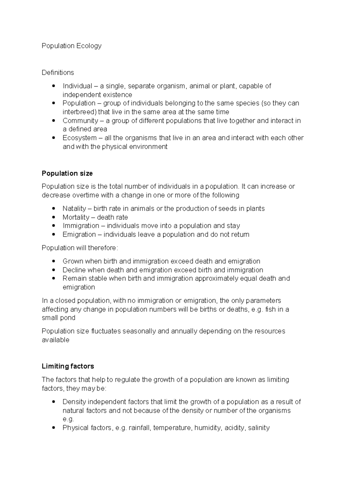 Population Ecology - notes - Population Ecology Definitions Individual ...