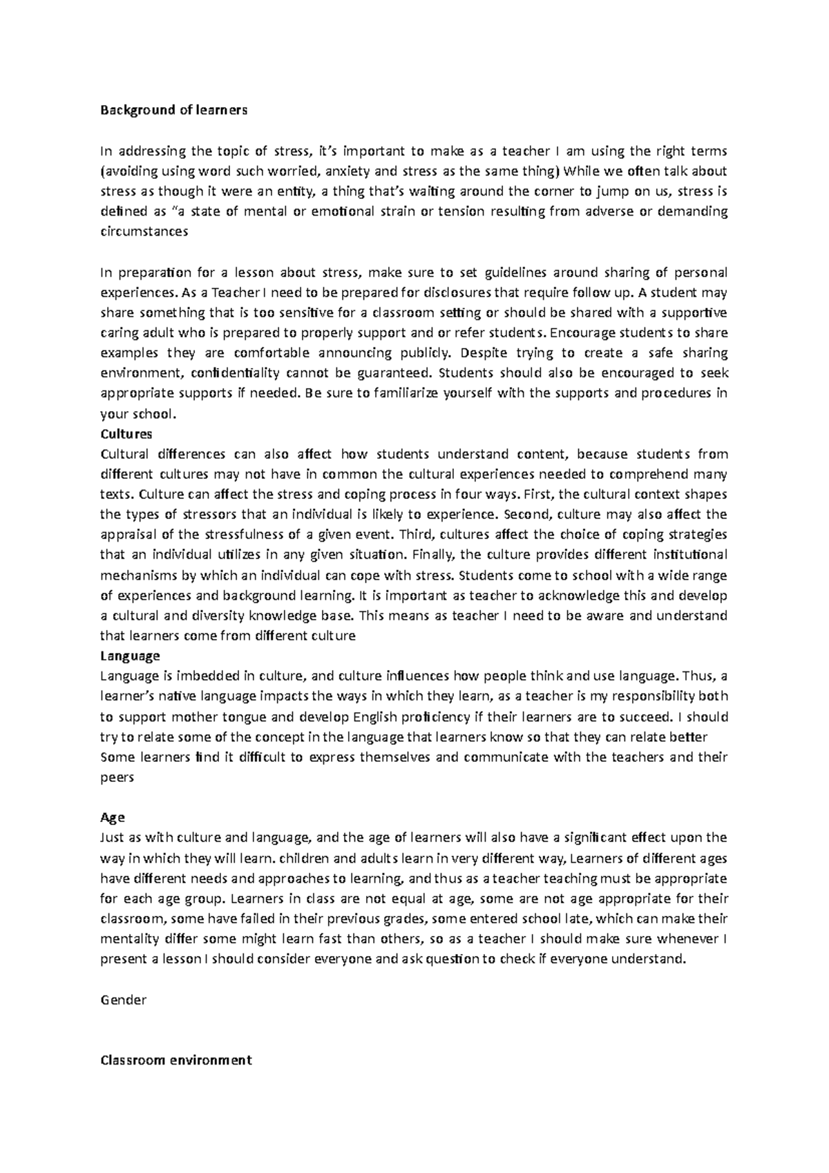 Background of learners - As a Teacher I need to be prepared for ...