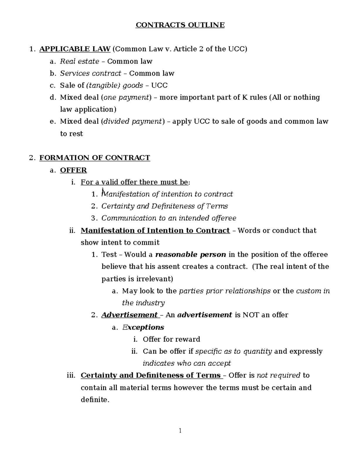Contracts Outline for Final Exam Review - CONTRACTS OUTLINE APPLICABLE LAW (Common Law v ...