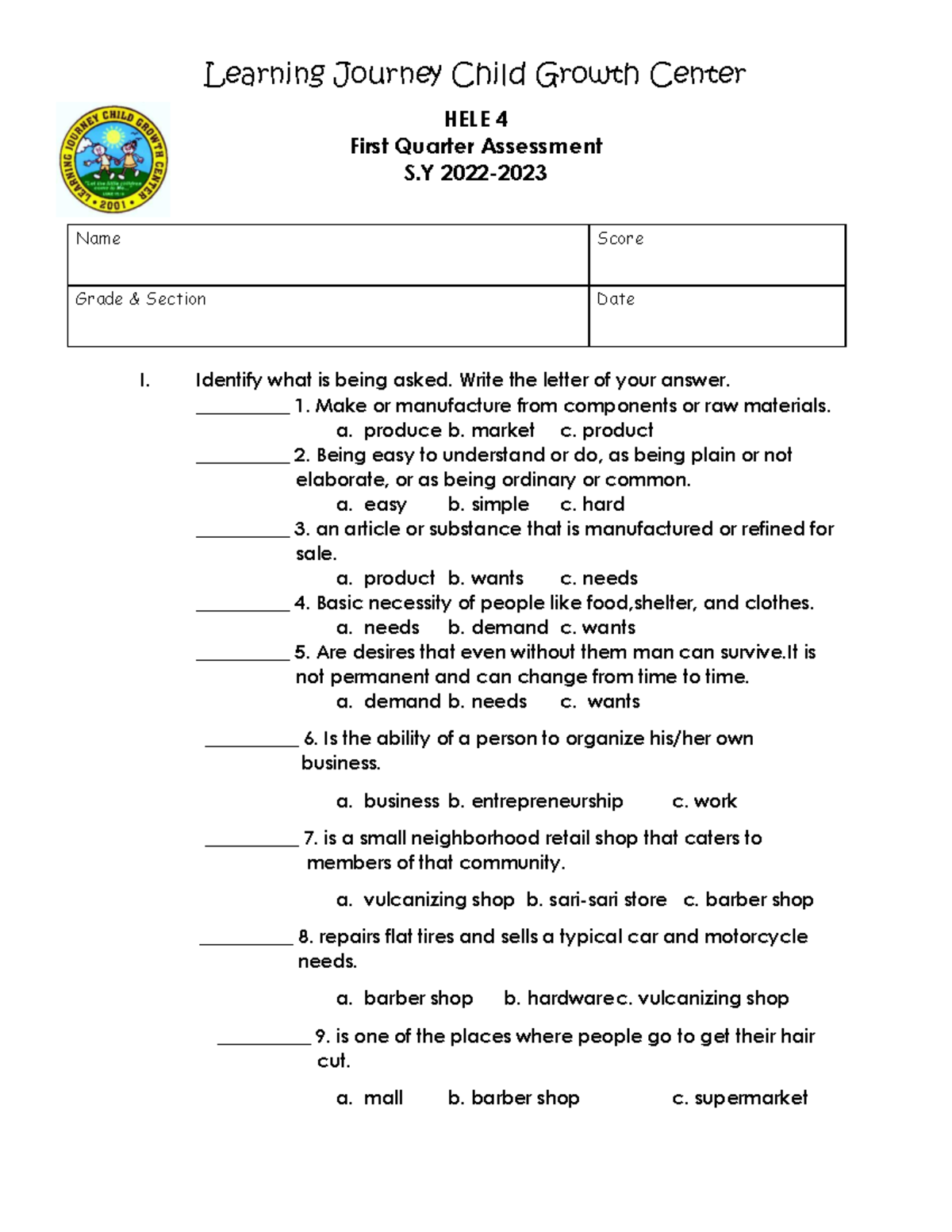 HELE 4 1ST Quarter Assessment - Learning Journey Child Growth Center ...