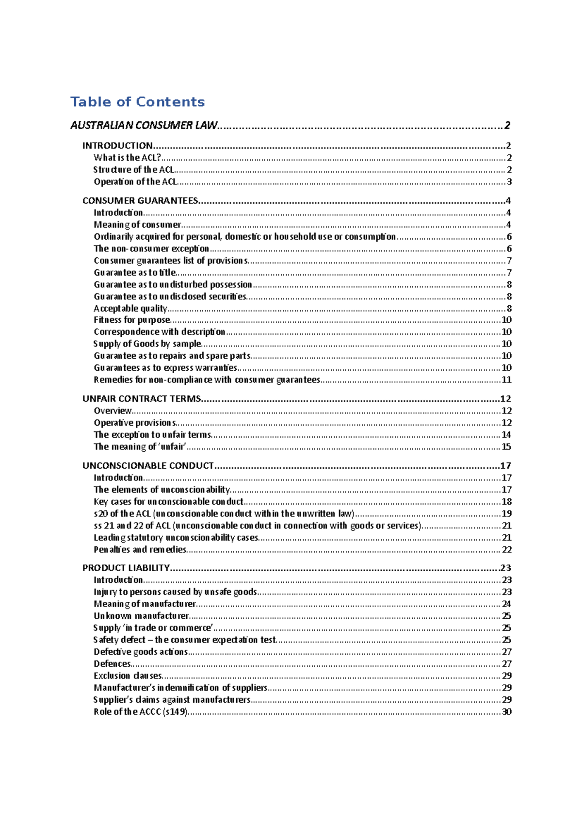 Australian Consumer LAW - Table of Contents AUSTRALIAN CONSUMER - Studocu