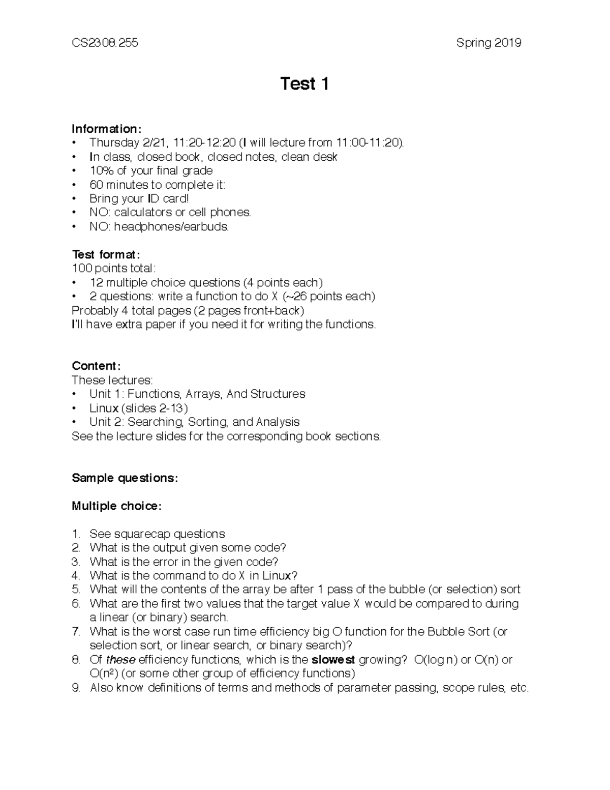 Test 1 Preparation - CS 2308 - CS2308 Spring 2019 Test 1 Information ...
