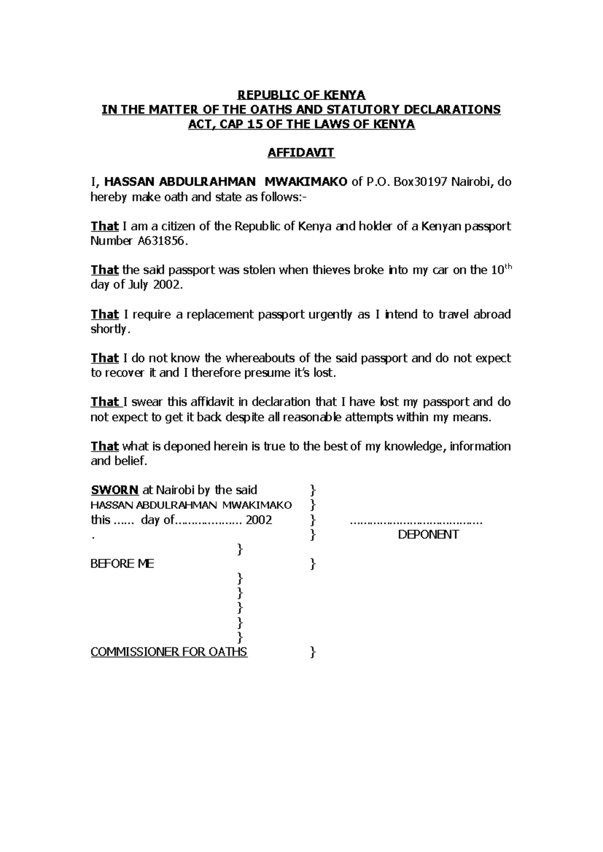 Lost Passport - REPUBLIC OF KENYA IN THE MATTER OF THE OATHS AND ...