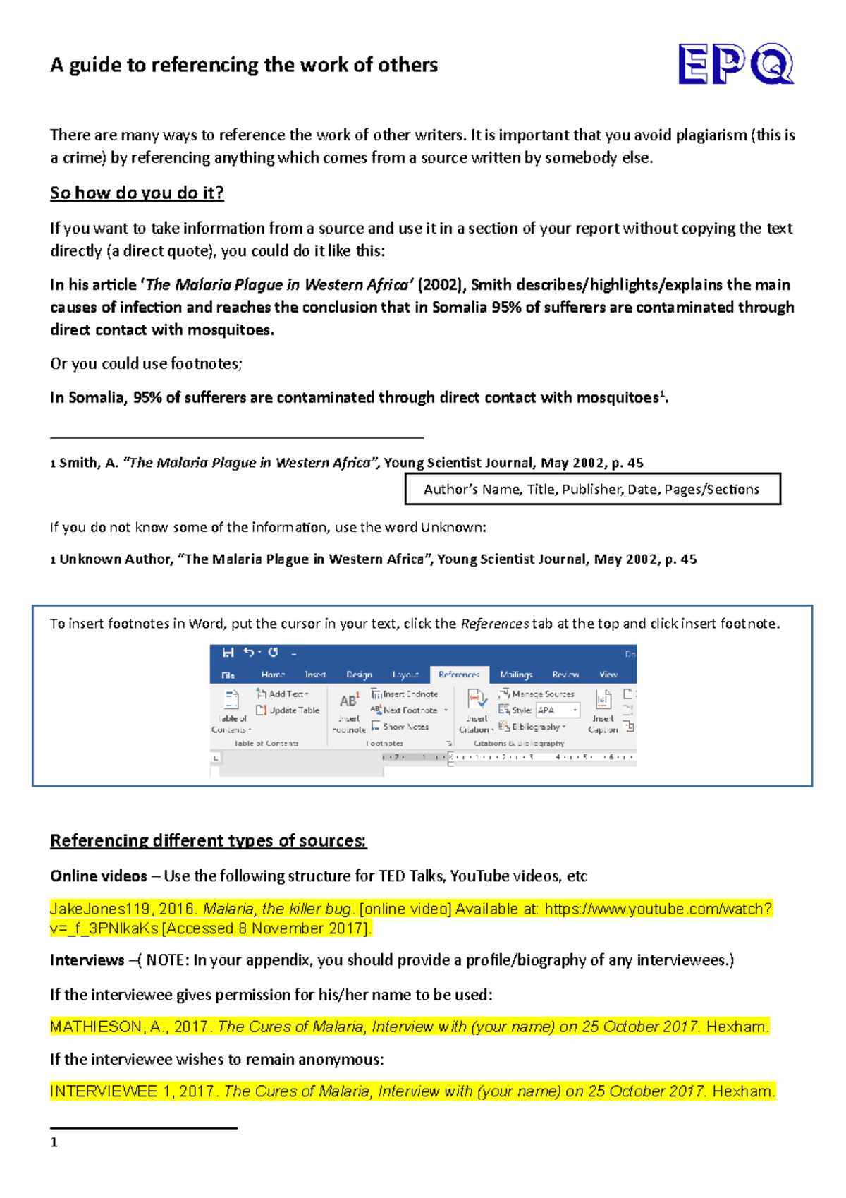A Guide to referencing other writers - A guide to referencing the work ...