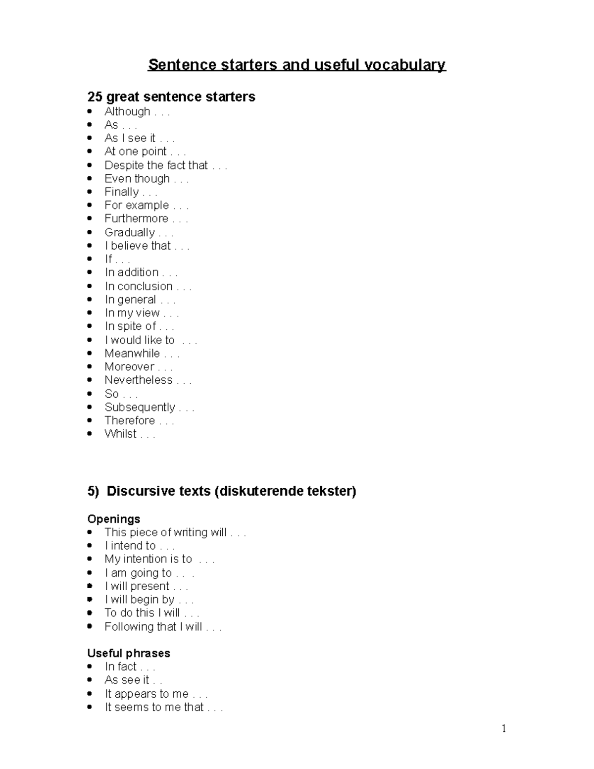 Sentence starters - Hjelper om du skal skrive tekster! - Sentence ...
