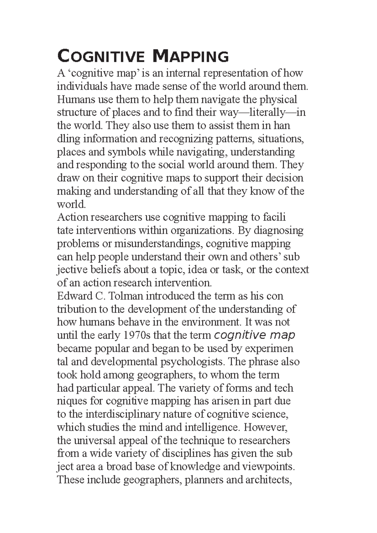 Cognitive Mapping - COGNITIVE MAPPING A ‘cognitive map’ is an internal ...