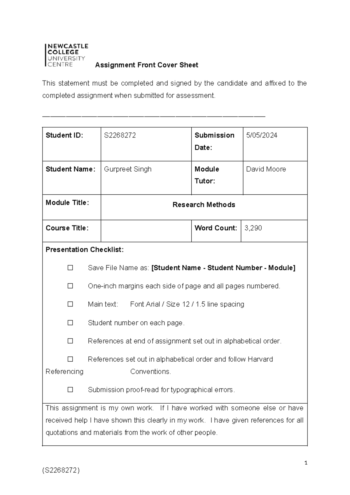 Gurpreet Singh 6268272 Research Methods - Assignment Front Cover Sheet ...