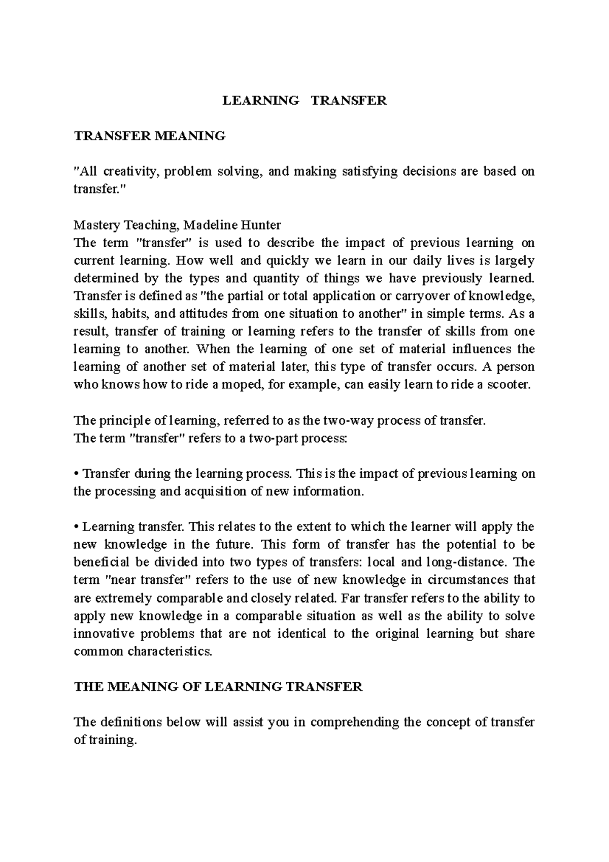 Learning Transfer - Lecture notes 4 - LEARNING TRANSFER TRANSFER ...
