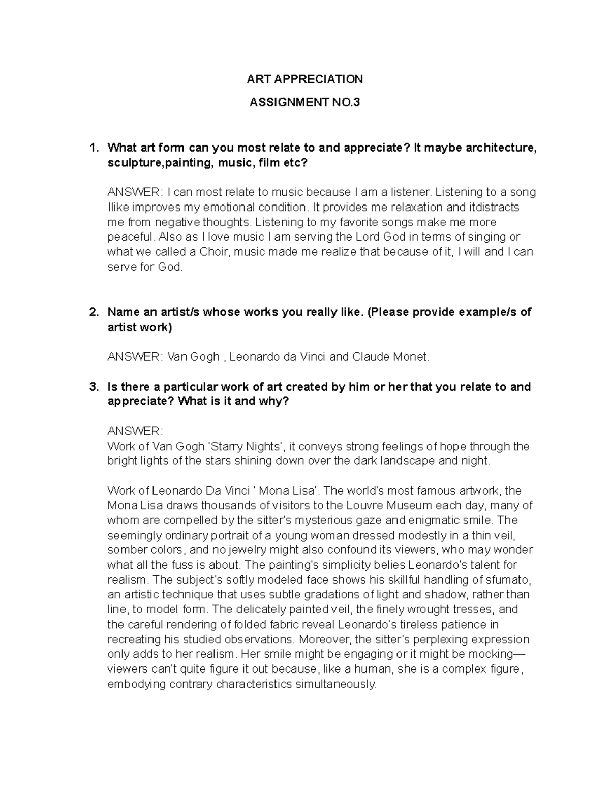 Art Appreciation ASS Palcon - ART APPRECIATION ASSIGNMENT NO. 1. What art form can you most ...