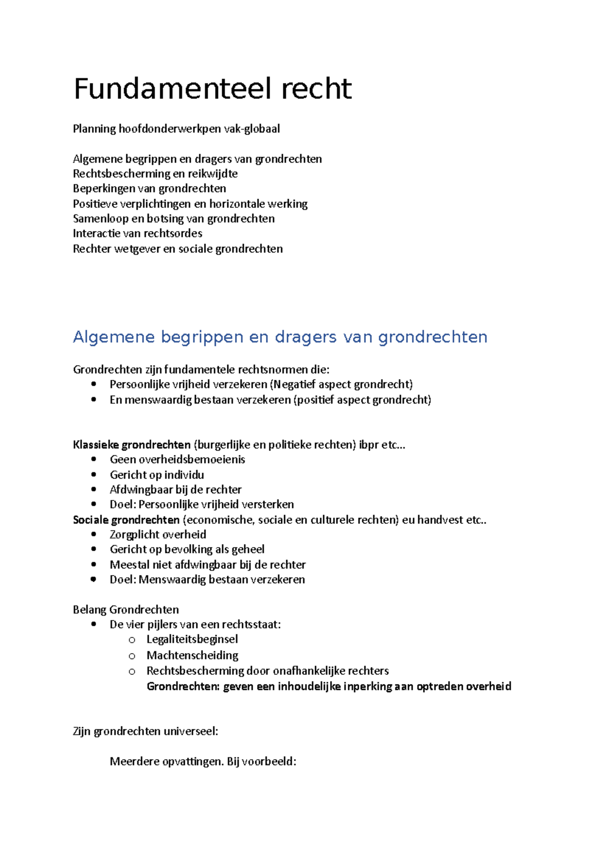 Fundamenteel recht - Fundamenteel recht Planning hoofdonderwerkpen vak ...