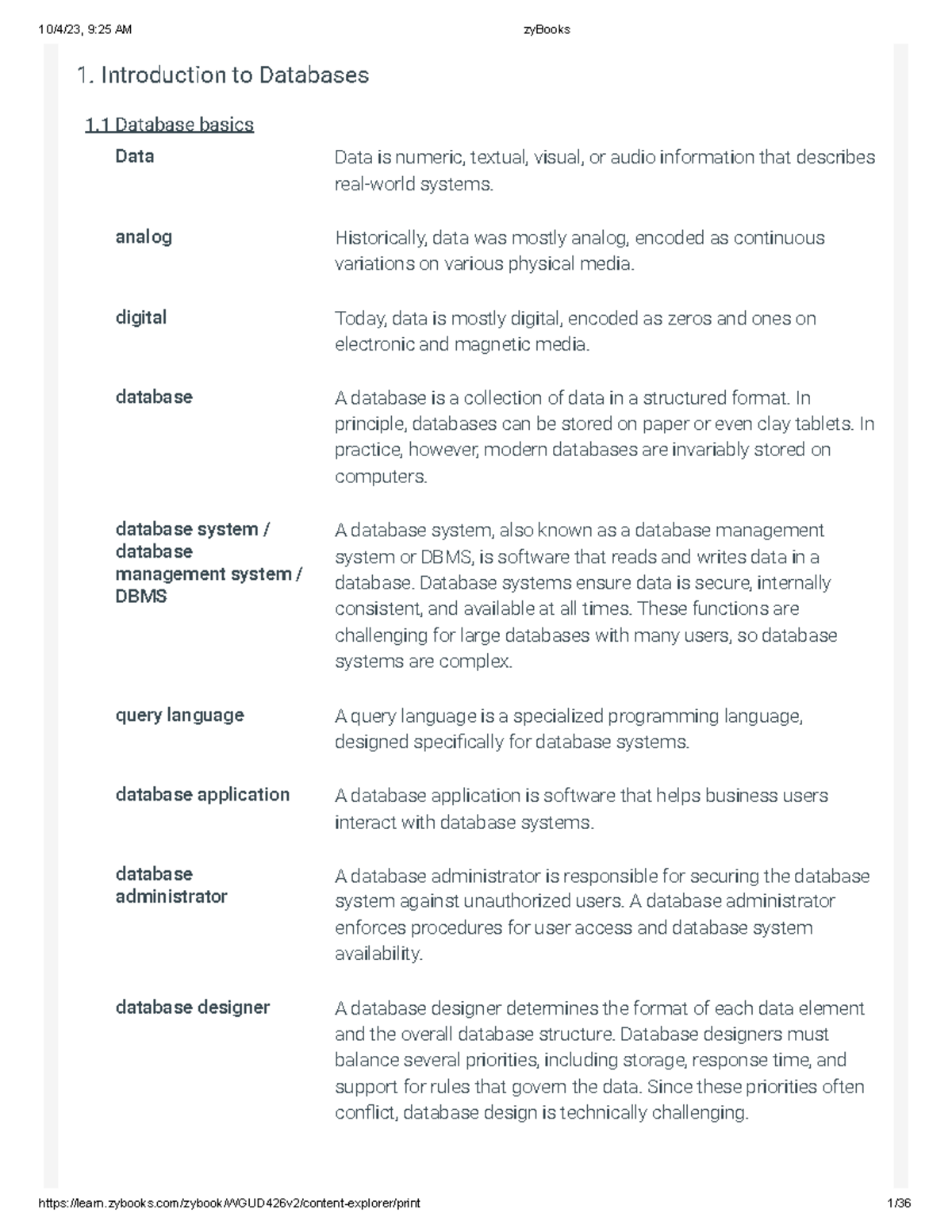 Terms and Definitions - 1. Introduction to Databases 1 Database basics Data Data is numeric ...