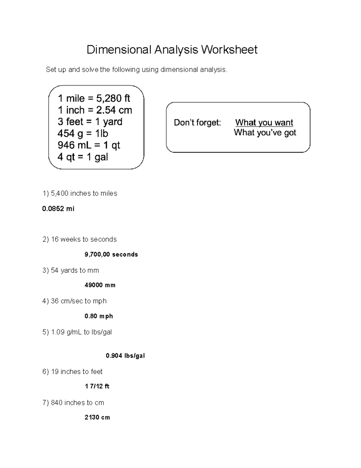 Dimensional Analysis Worksheet - 7154118 - Dimensional Analysis Worksheet Set up and solve the ...