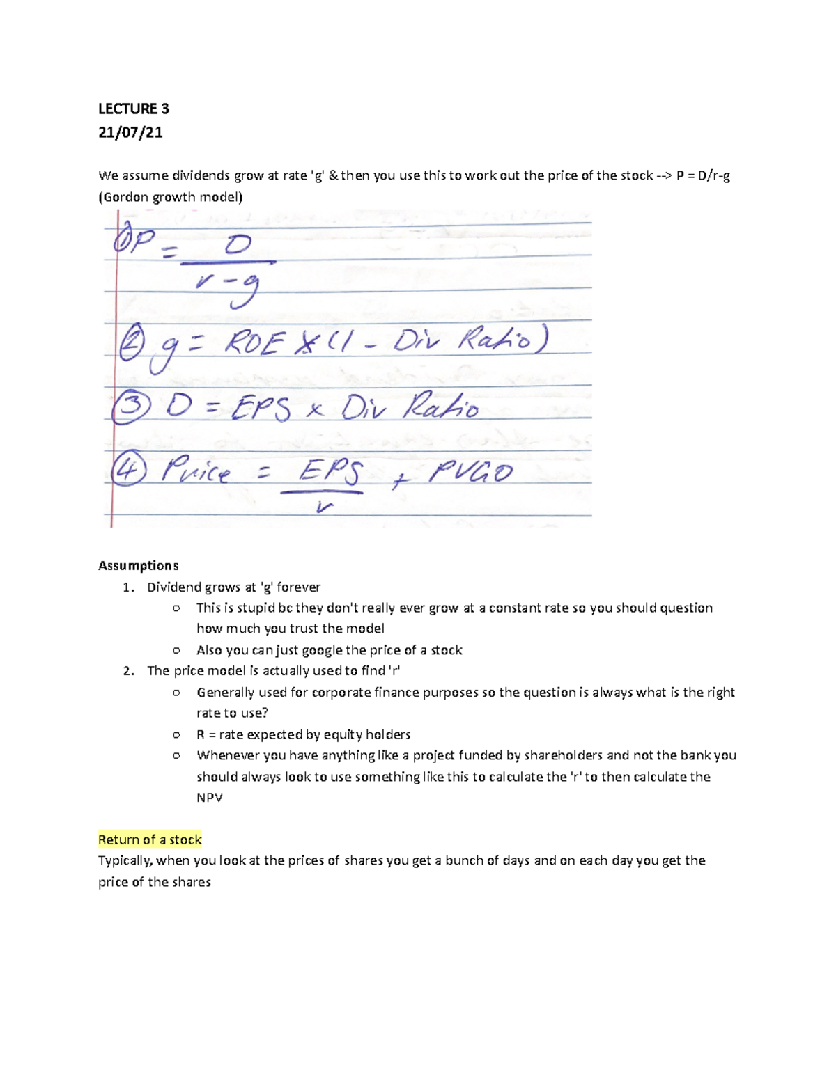 FINC202 - Lecture 3 - LECTURE 3 21/07/ We assume dividends grow at rate ...